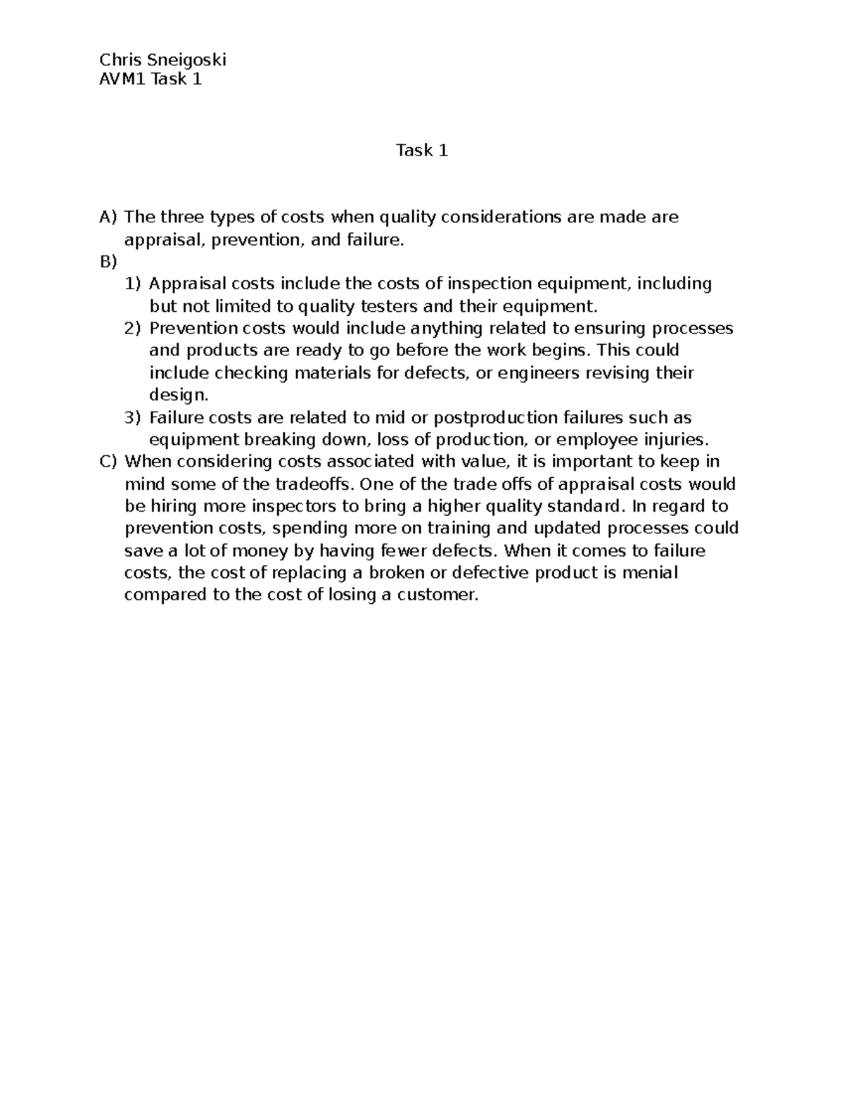 Avm1 task 1 - business managent QHT1 - Chris Sneigoski AVM1 Task 1 Task ...
