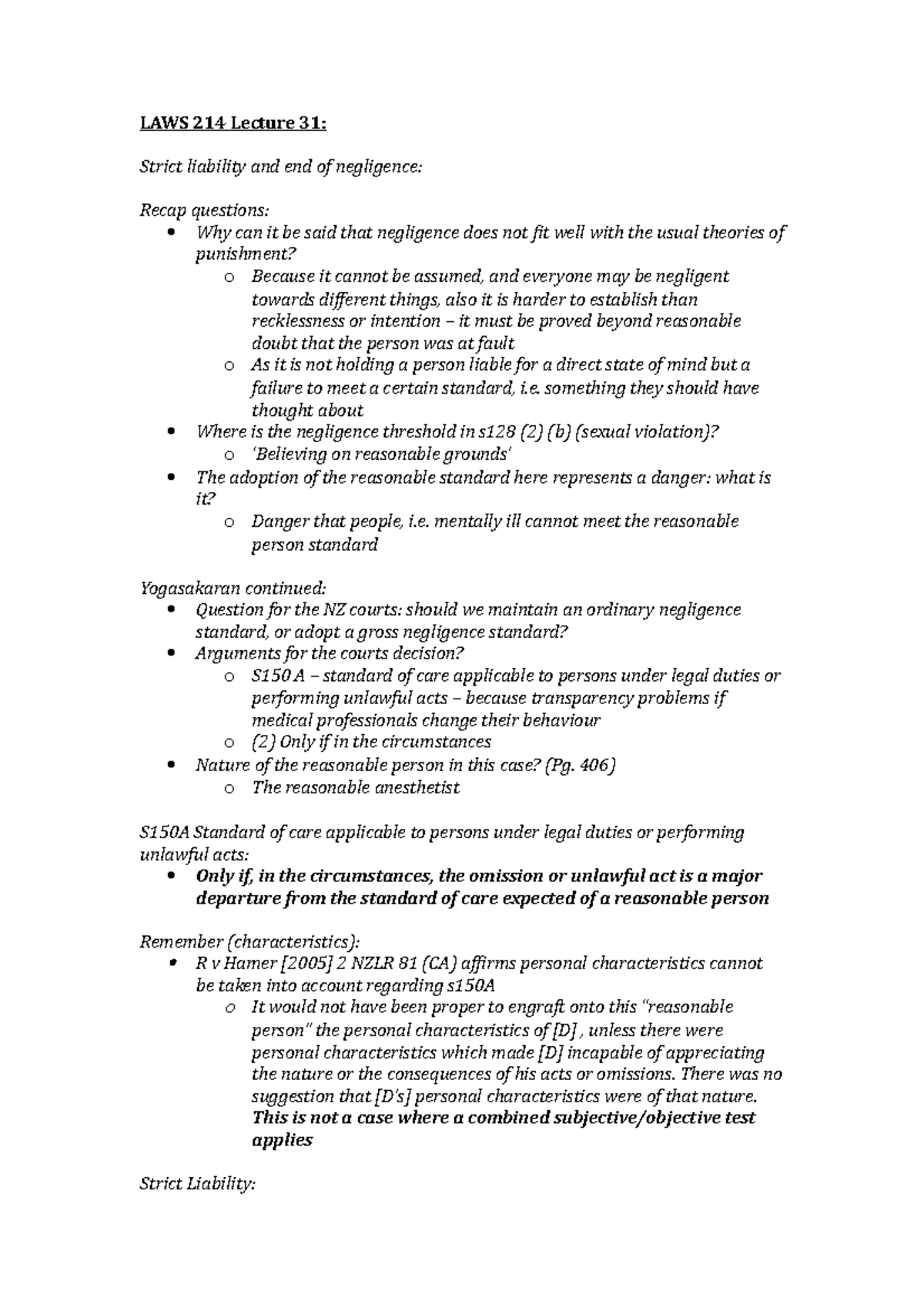 LAWS 214 Lecture 31 - LAWS 214 Lecture 31: Strict liability and end of negligence: Recap ...