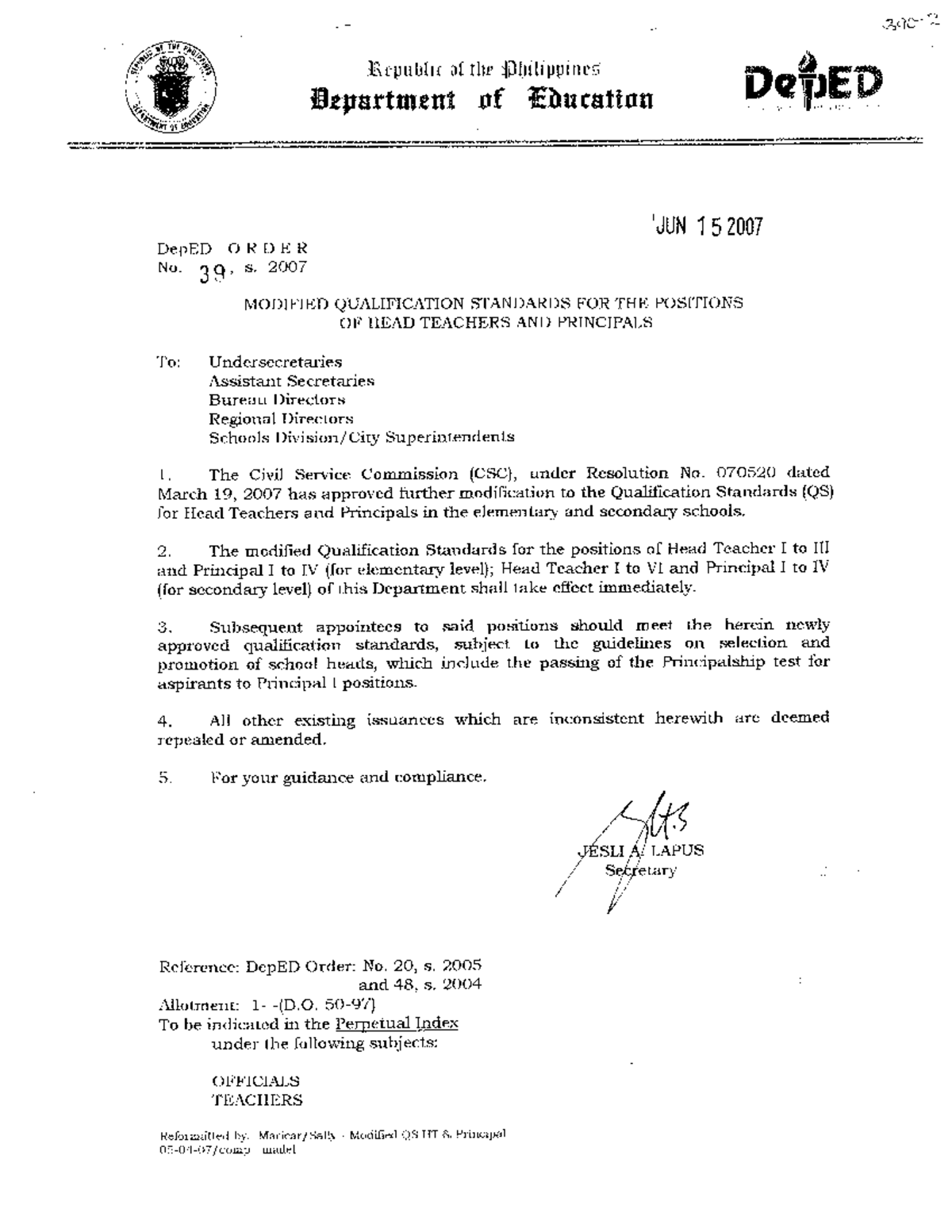 Modified Qualification Standards FOR THE Positions OF HEAD Teachers AND ...