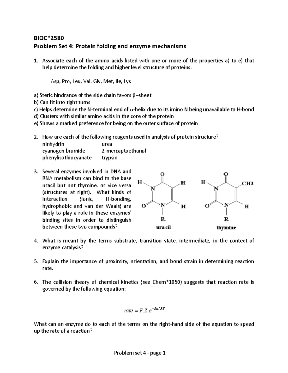 Problem Set 4 - Questions - Problem set 4 -­‐ page 1 BIOC* Problem Set 4: Protein folding and ...