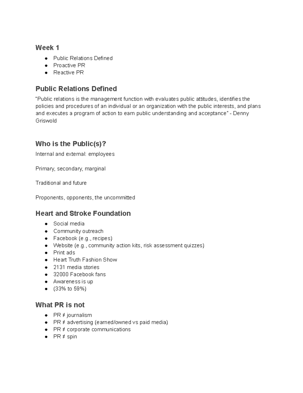 CMN 305 Week 1-6 Notes - Week 1 Public Relations Defined Proactive PR ...