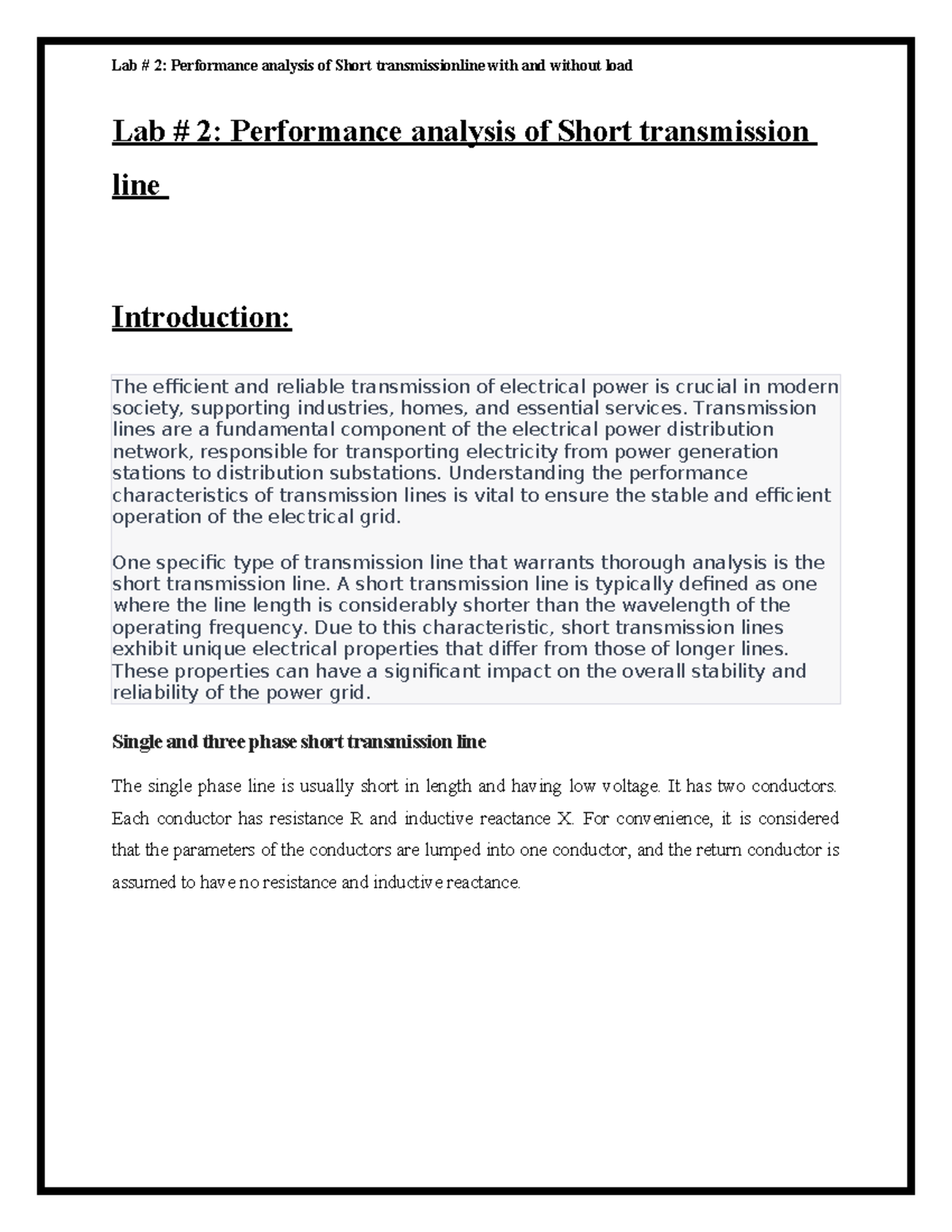 Pt lab 2 n - Lab Report - Lab # 2: Performance analysis of Short transmission line Introduction ...