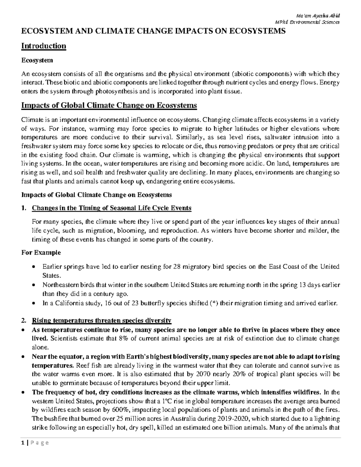 Ecosystem and Climate Change impacts on Ecosystems - Ma’am Ayesha Abid ...