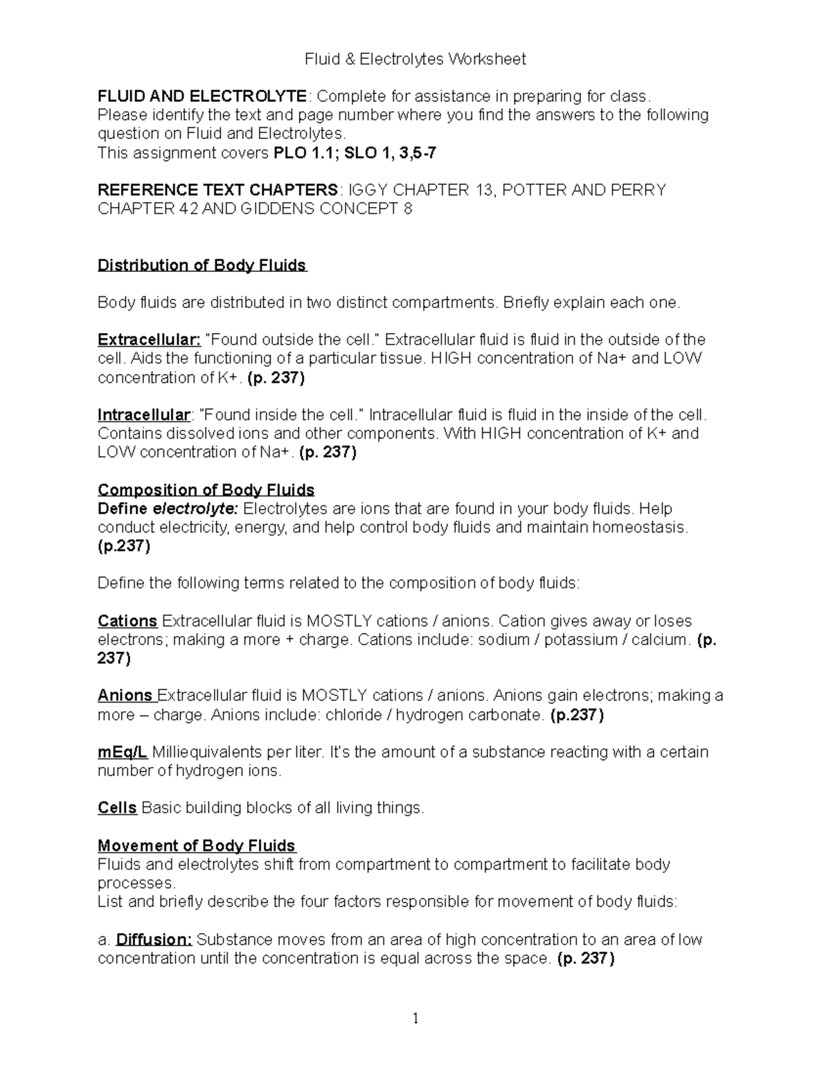F - nsg med surg - Fluid & Electrolytes Worksheet FLUID AND ELECTROLYTE ...