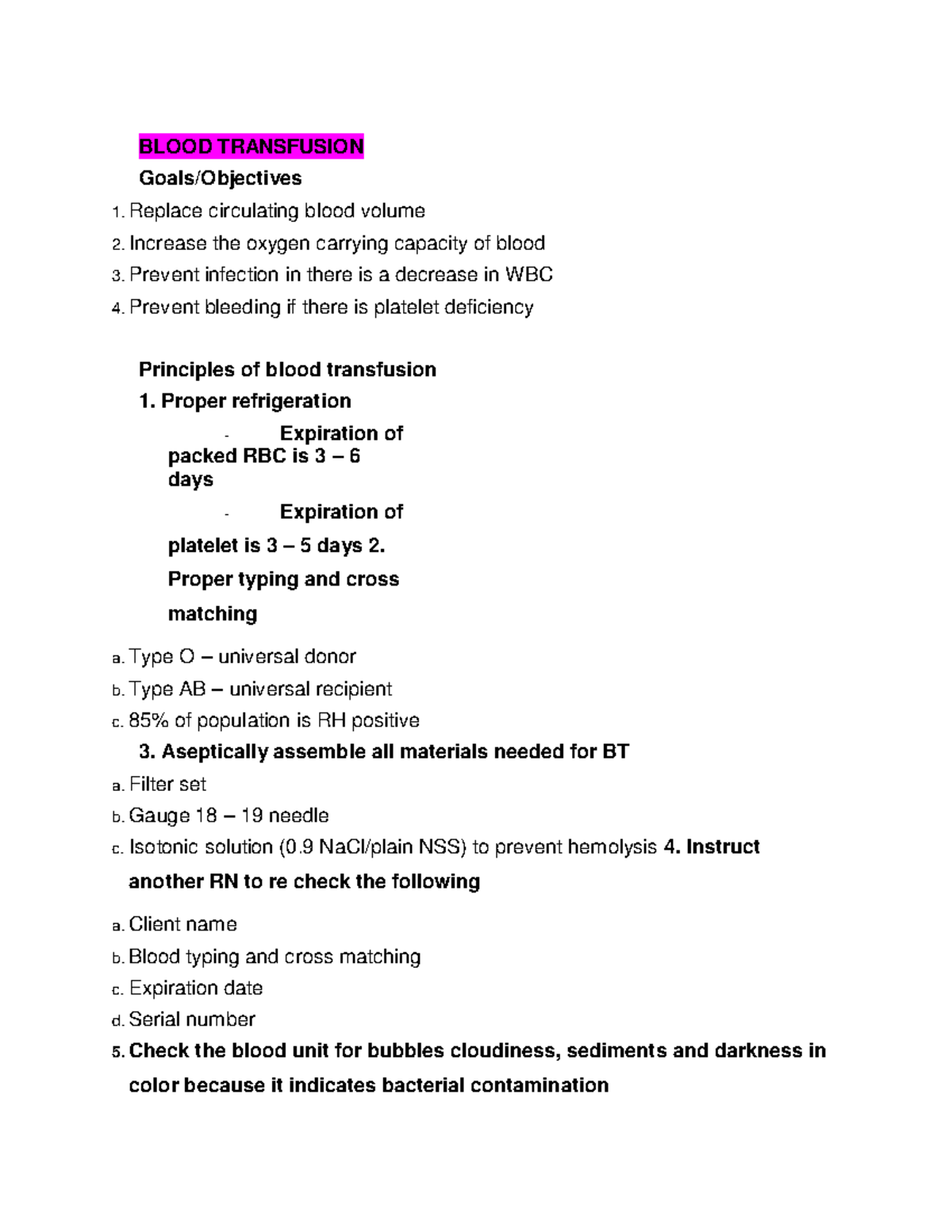 Blood Transfusion - summary - BLOOD TRANSFUSION Goals/Objectives 1 ...