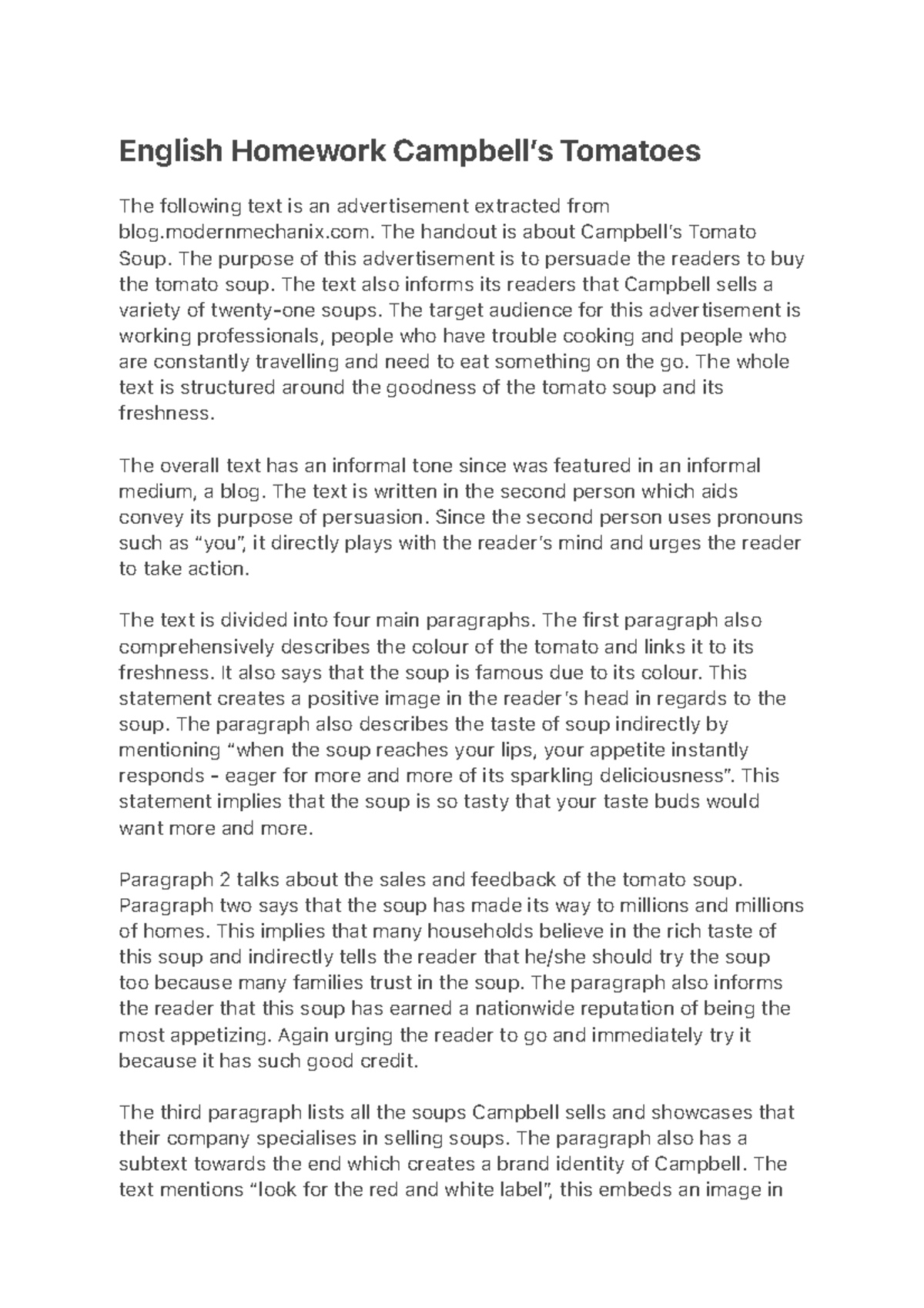 English Homework Campbell’s Tomatoes - English Homework Campbell’s ...