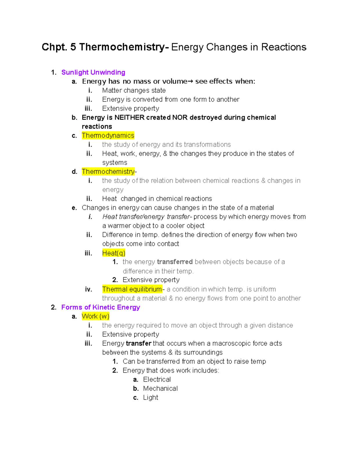 CHM 141 Chpt. 5 notes - Chpt. 5 Thermochemistry- Energy Changes in ...