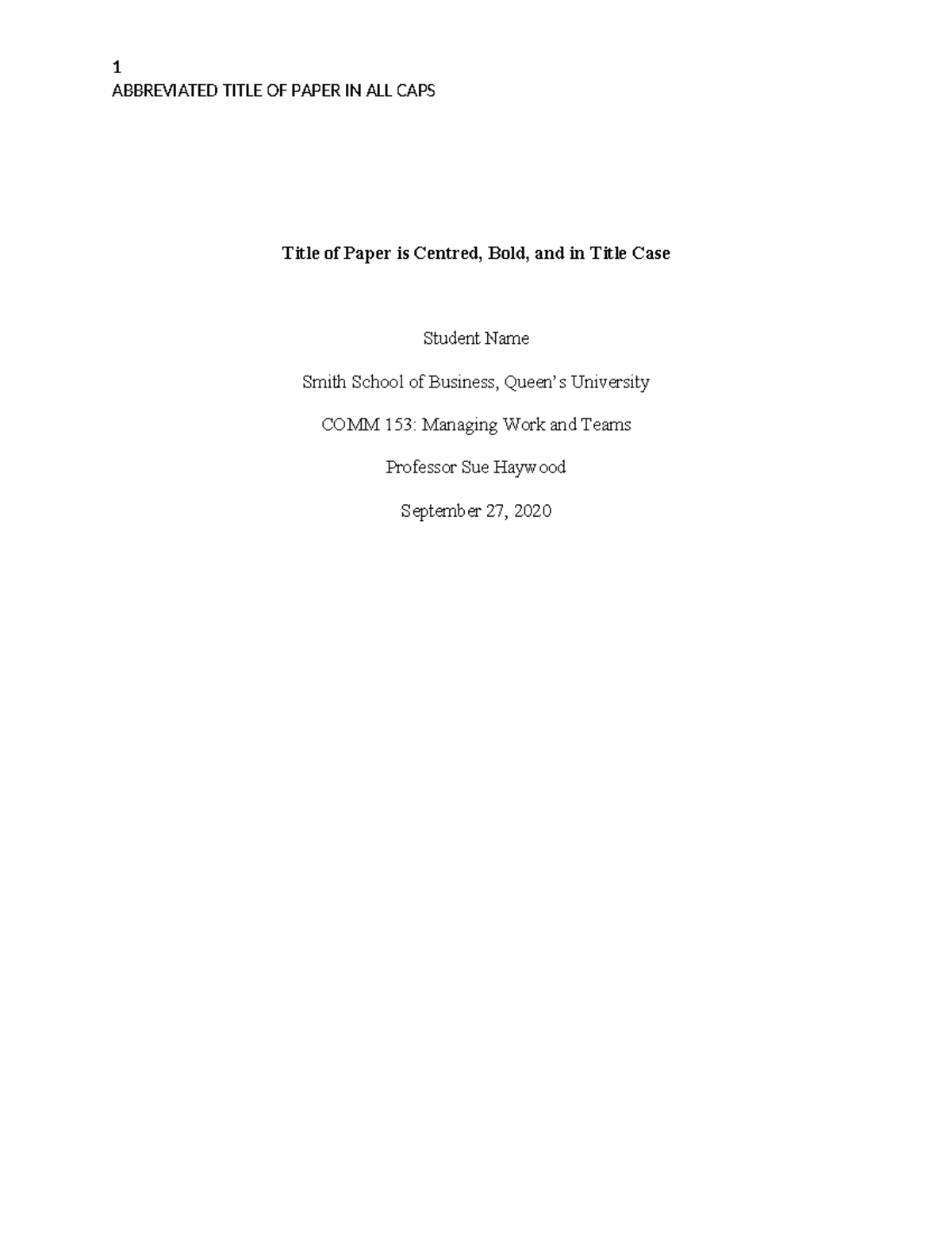 APA Paper Format Example - ABBREVIATED TITLE OF PAPER IN ALL CAPS Title ...