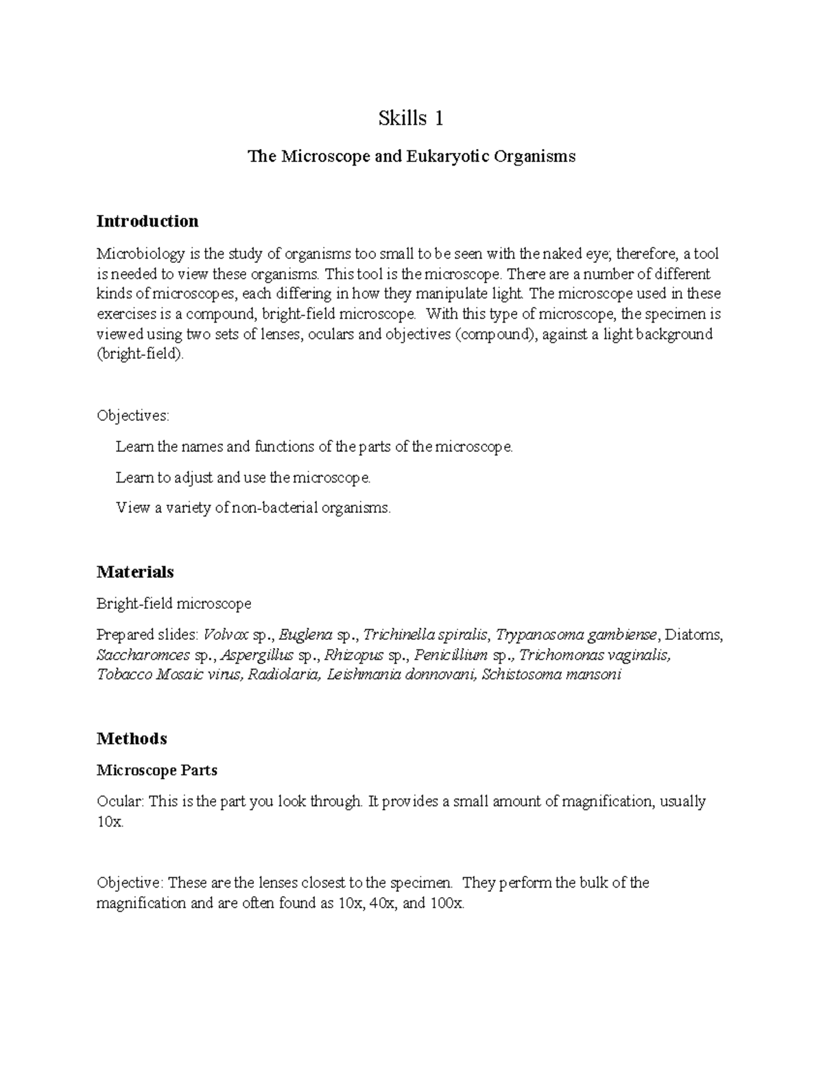 Lab Manual Skills 1 - Skills 1 The Microscope and Eukaryotic Organisms ...