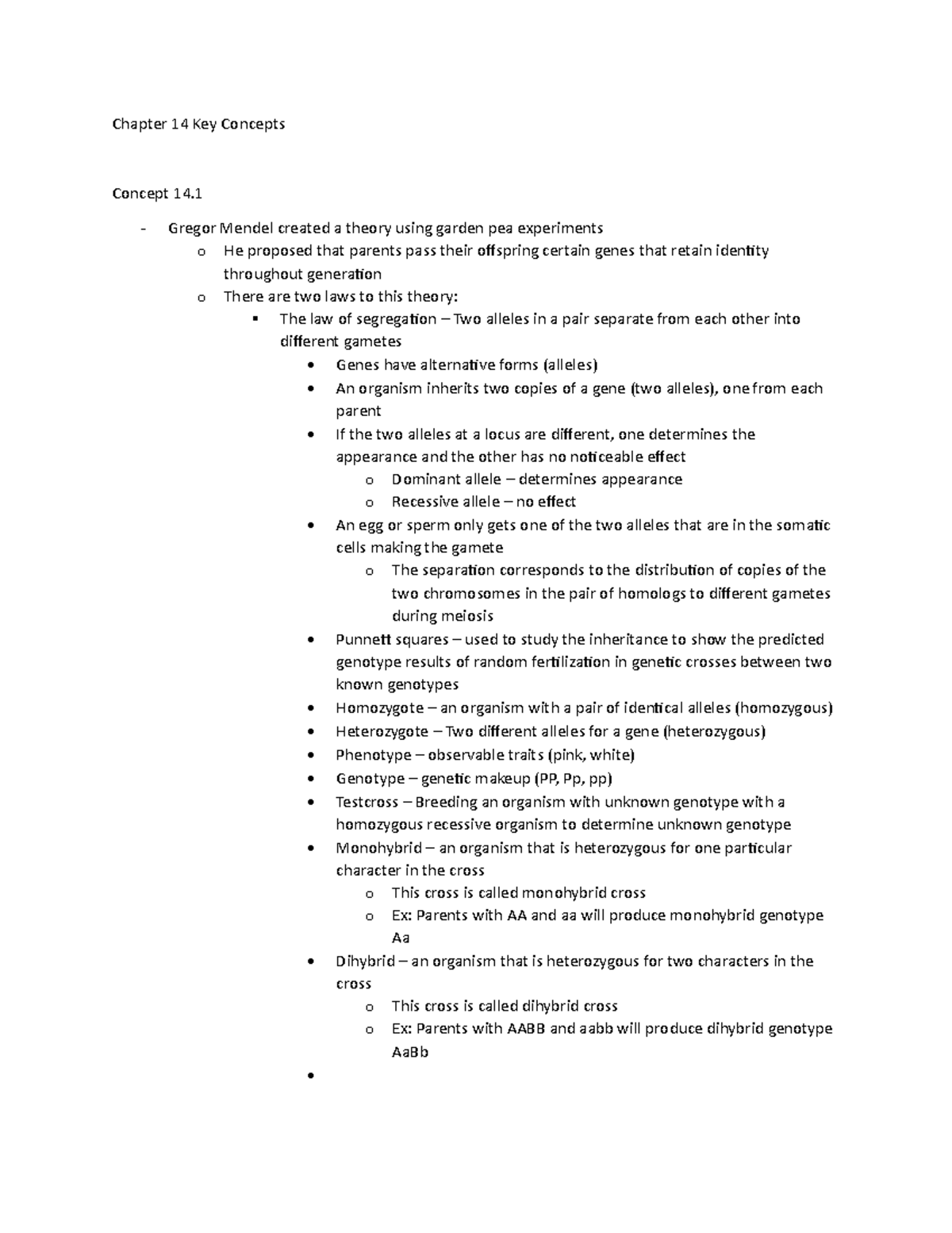 Biol 1201 CH 14 - Chapter 14 Key Concepts Concept 14. - Gregor Mendel ...