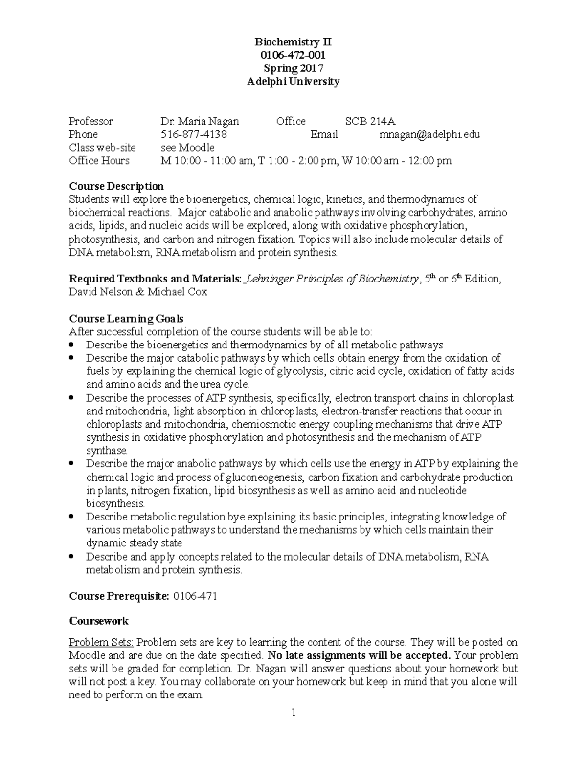 Biochem Syllabus 0106-472-001 Spring 2017 - Biochemistry II 0106-472 ...