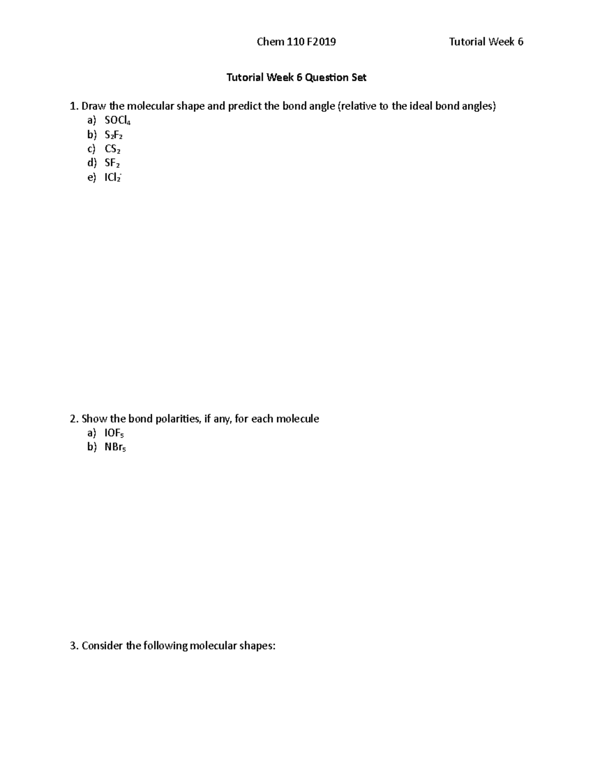 Week 6 Question Set - Chem 110 F2019 Tutorial Week 6 Tutorial Week 6 ...