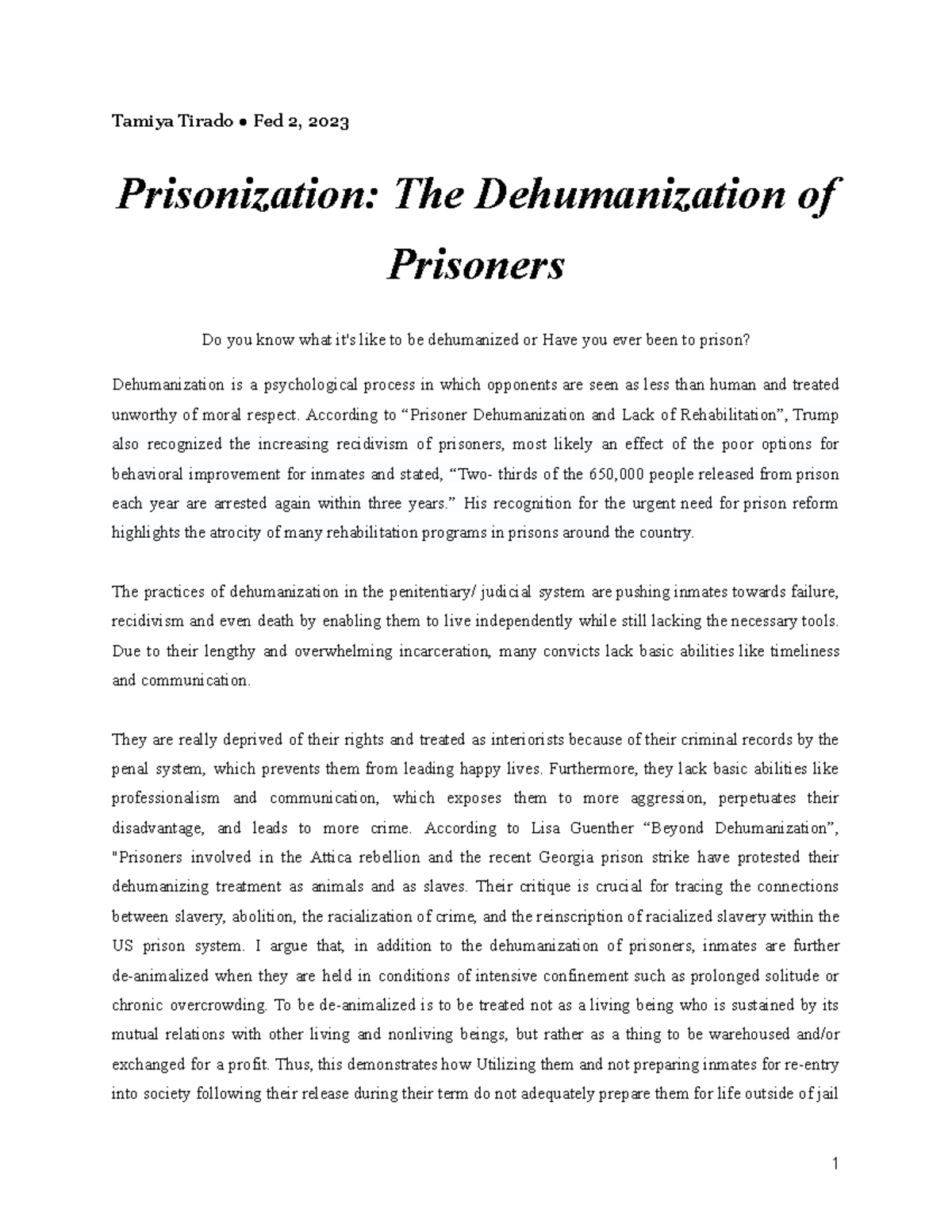 Prisoners and dehumanization - Tamiya Tirado Fed 2, 2023 Prisonization ...