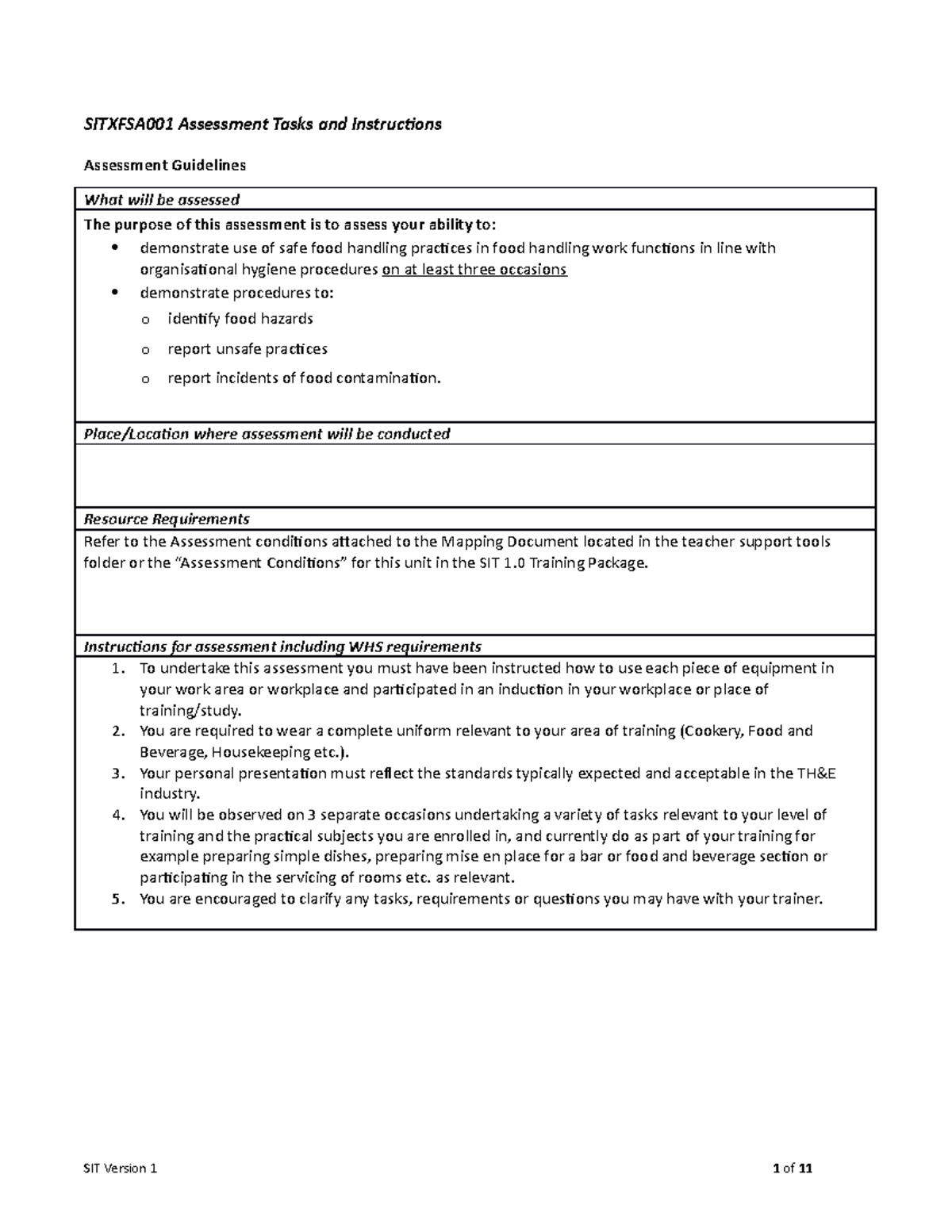 Sitxfsa 001 Assessment 2 - Practical Observations - SITXFSA001 Assessment Tasks and Instructions ...