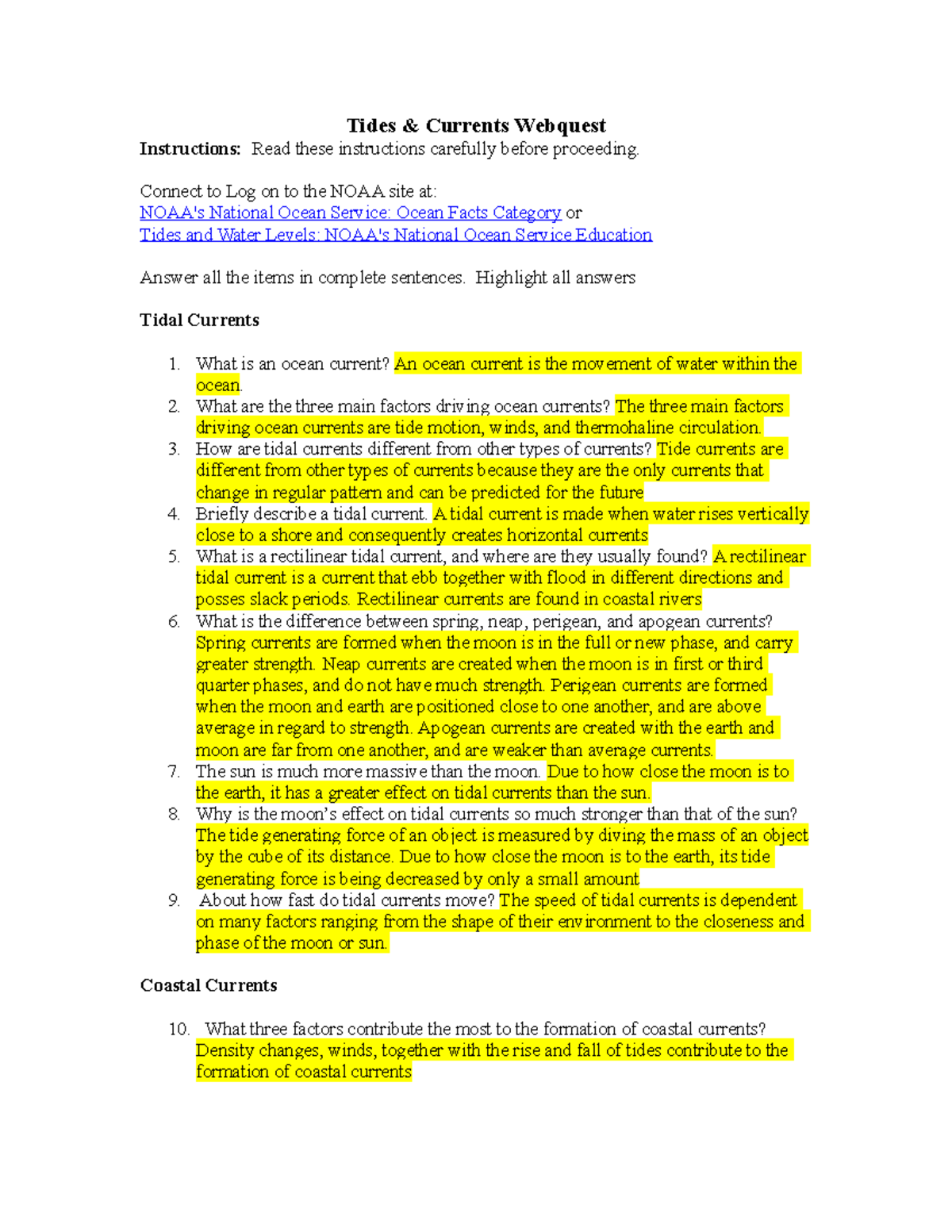 Tides and currents webquest - Tides & Currents Webquest Instructions ...