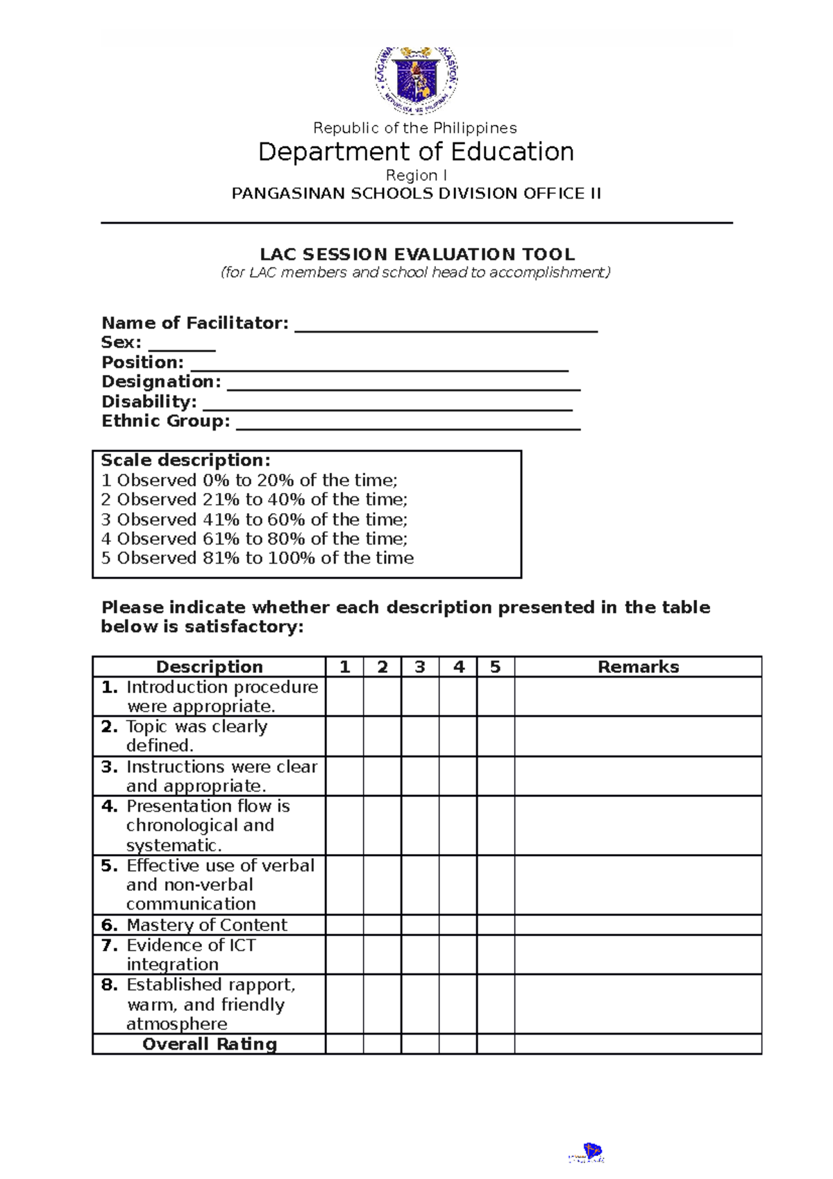 3 LAC Session Evaluation tool - Republic of the Philippines Department ...