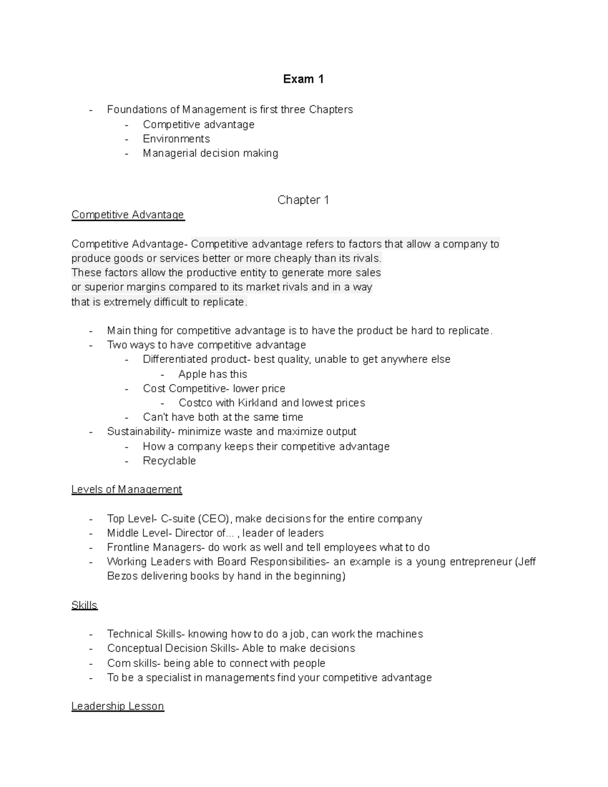 Managment -2 - Notes from the lectures in class. - Exam 1 Foundations ...