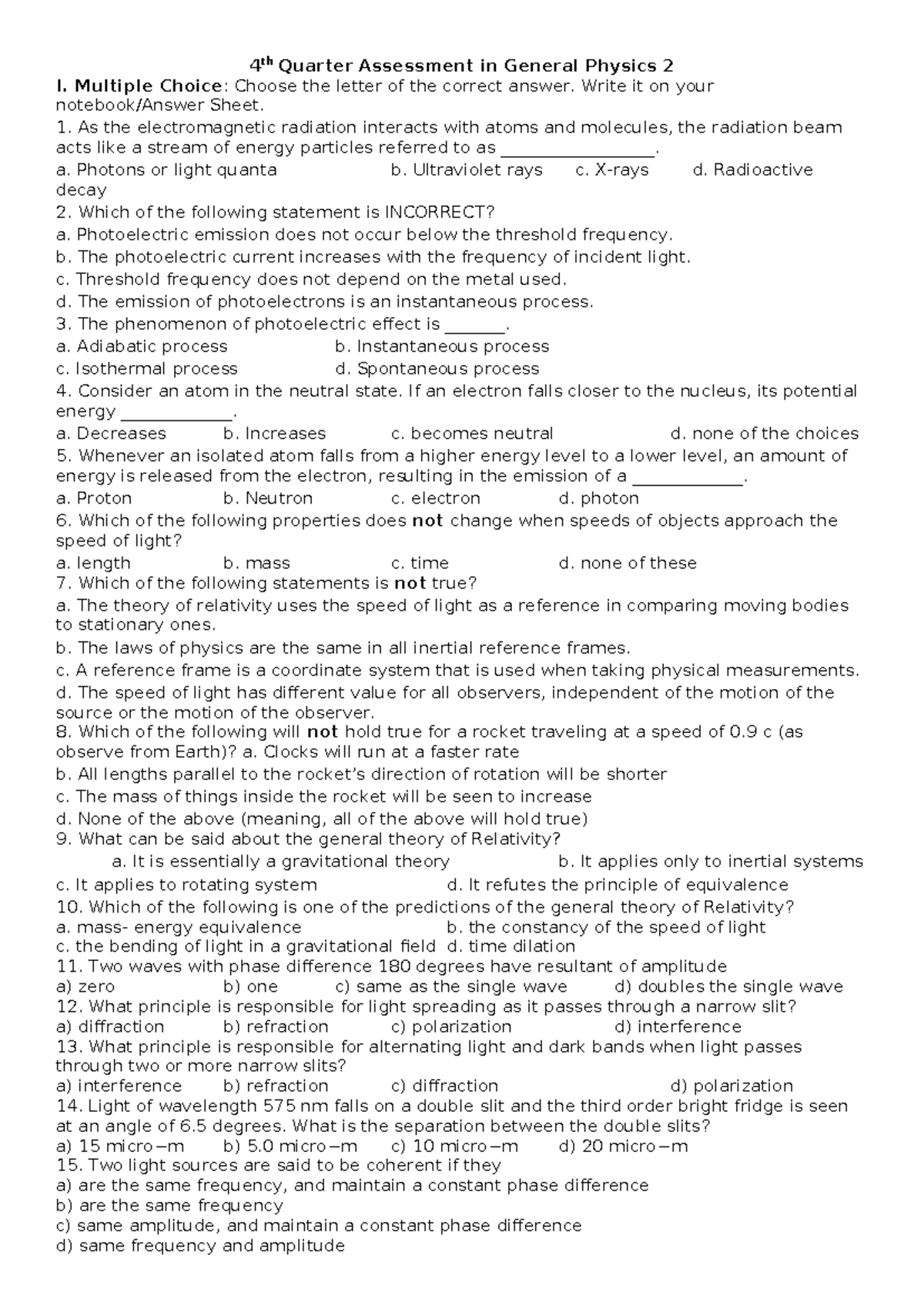 4th Quarter Assessment in General Physics 2 - Multiple Choice: Choose ...