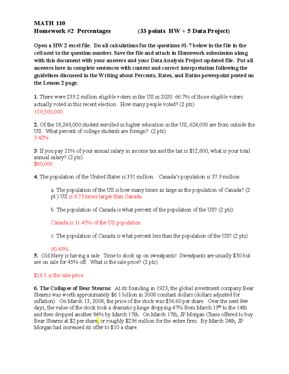 Math 110 HW 2 - CH 2 Assignment - MATH 110 Homework #2 Percentages (33 points HW + 5 Data ...