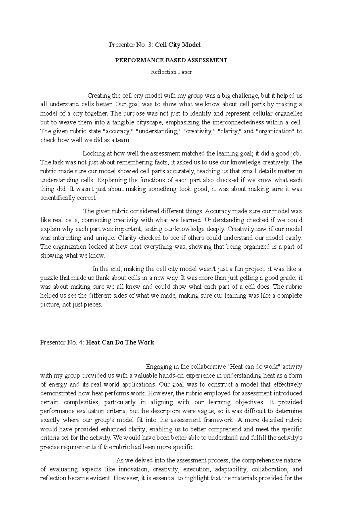 Reflection Paper- Cell City Model and Heat Can Do Work - Presentor No ...