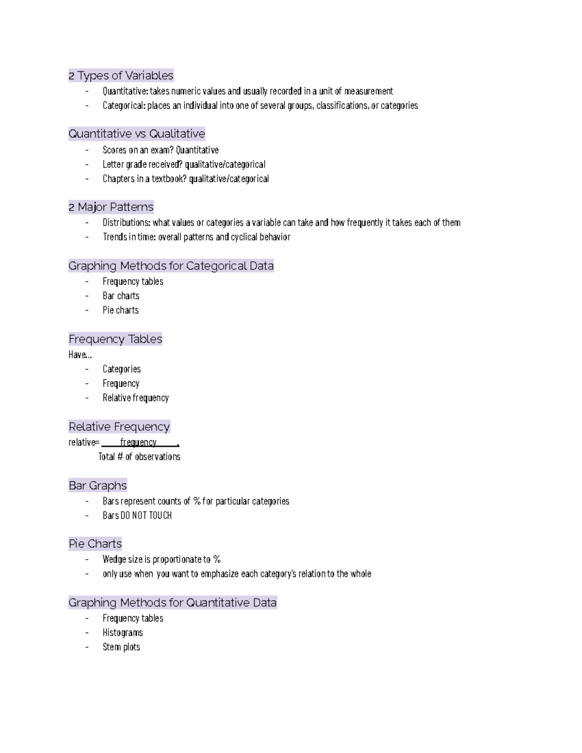 Statistics Ch.1 Notes - 2 Types of Variables Quantitative: takes ...