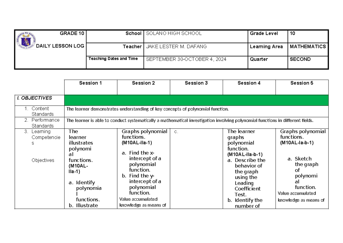 DLL Grade 10 Q2 WEEK 2 - DLL - GRADE 10 DAILY LESSON LOG School SOLANO ...