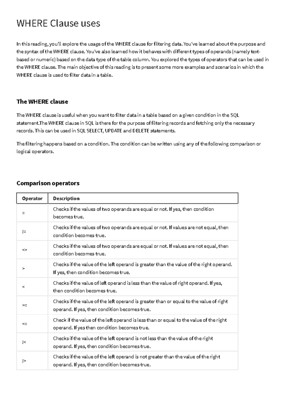 Where Clause uses Coursera - WHERE Clause uses In this reading, you’ll ...