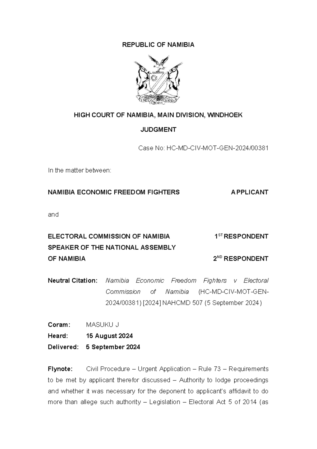 NEFF v Electoral Commission of Namibia (HC-MD-CIV-MOT-GEN-2024-00381 ...