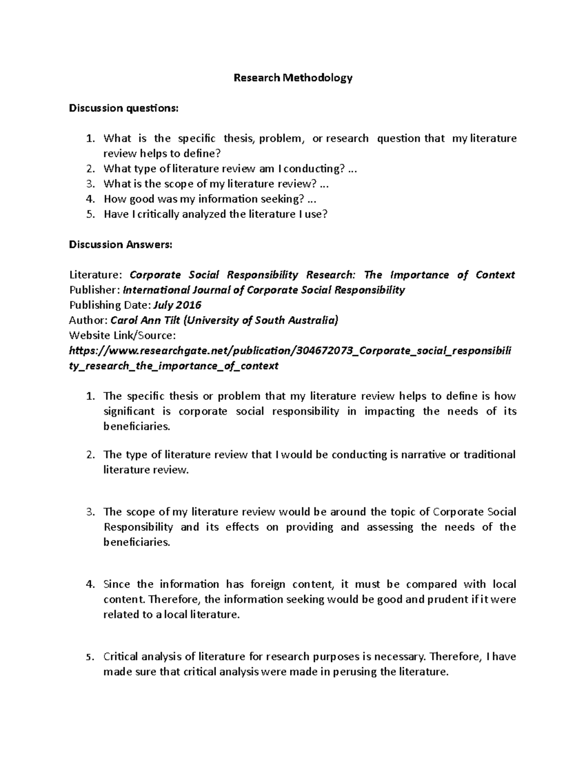 Discussion question - Answers to Research Methodology class. - Research ...
