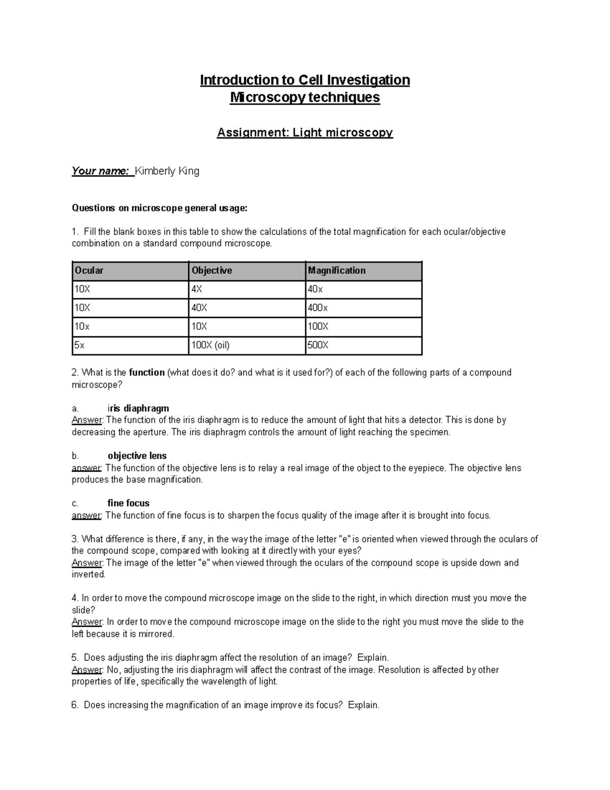 LAB 1 Introduction to Cell Investigation - Introduction to Cell Investigation Microscopy ...