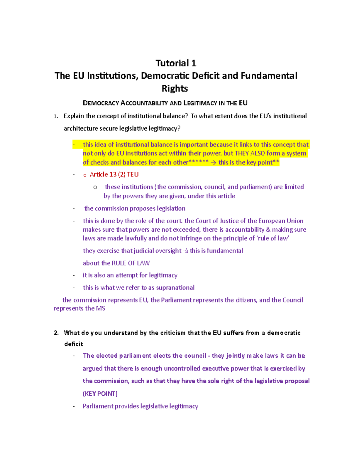 EU Tutorial 1 European Union Course - Tutorial 1 The EU Institutions ...