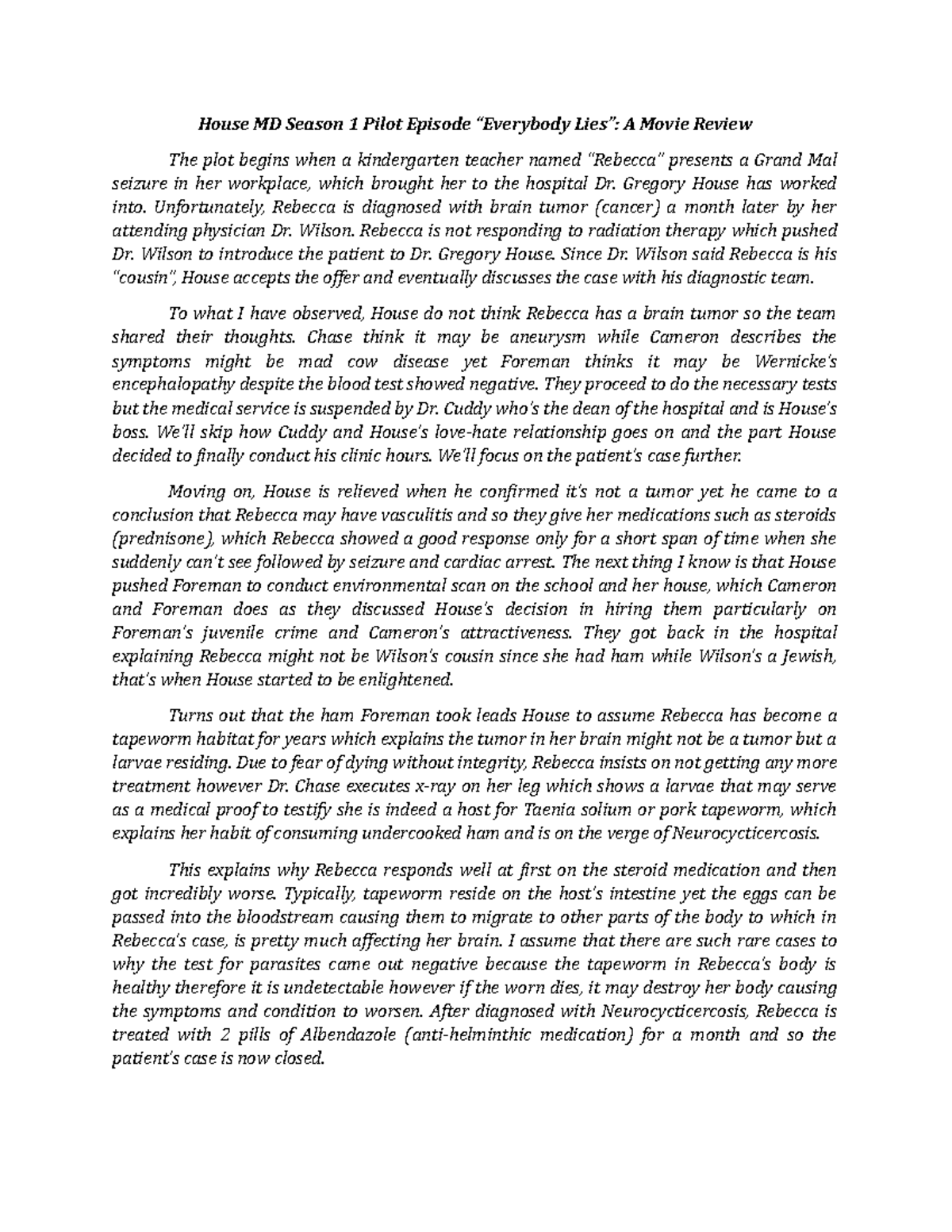 House MD Season 1 Everybody Lies: An Episode's Reflection - House MD ...