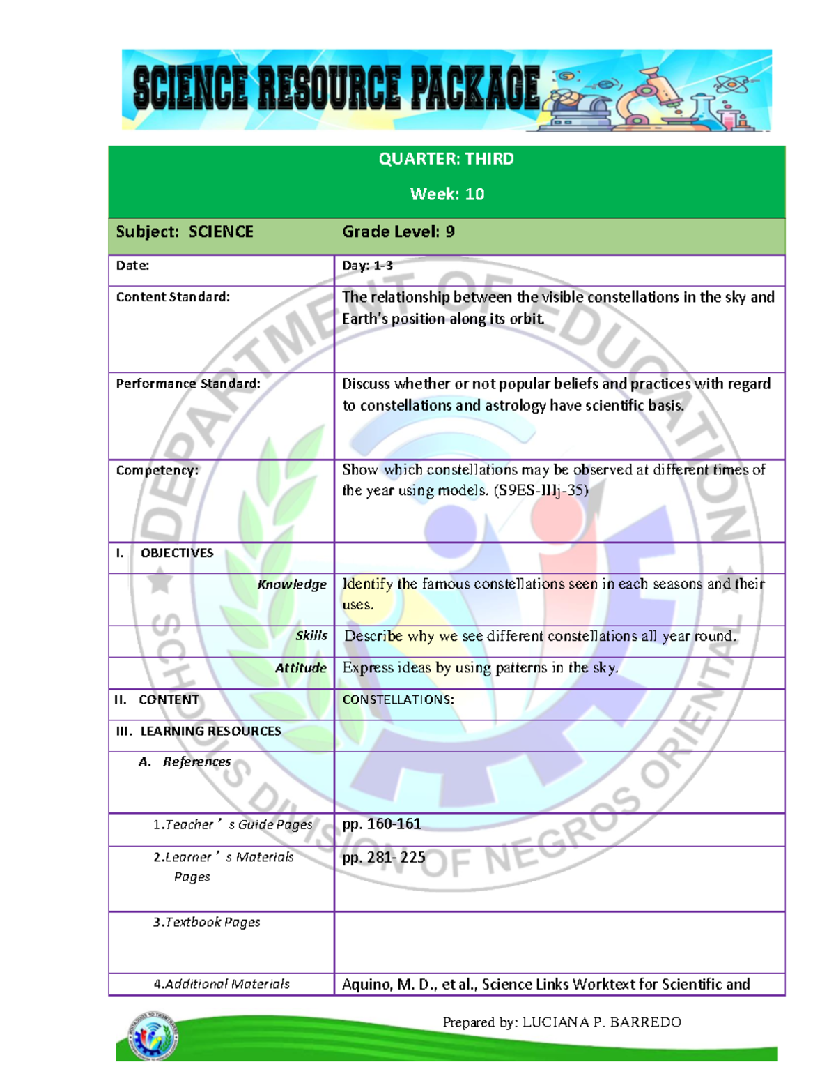 Earth Science Week 9, Day 5 - QUARTER: THIRD Week: 10 Subject: SCIENCE ...
