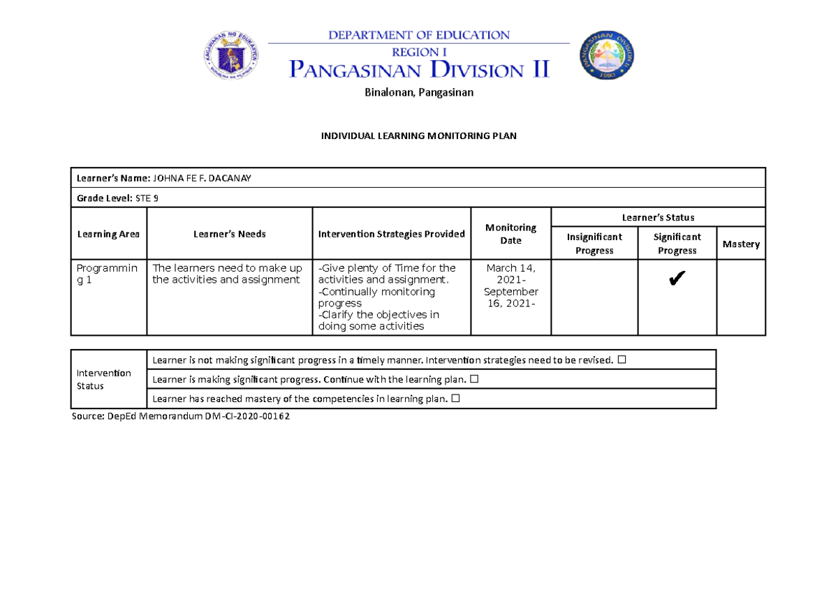 Individual- Learning-PLAN - Binalonan, Pangasinan INDIVIDUAL LEARNING ...