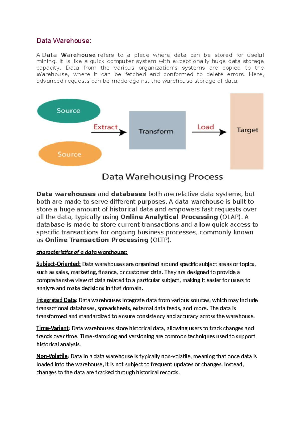 Data Warehouse unit 1 - DWDM notes - Data Warehouse: A Data Warehouse ...
