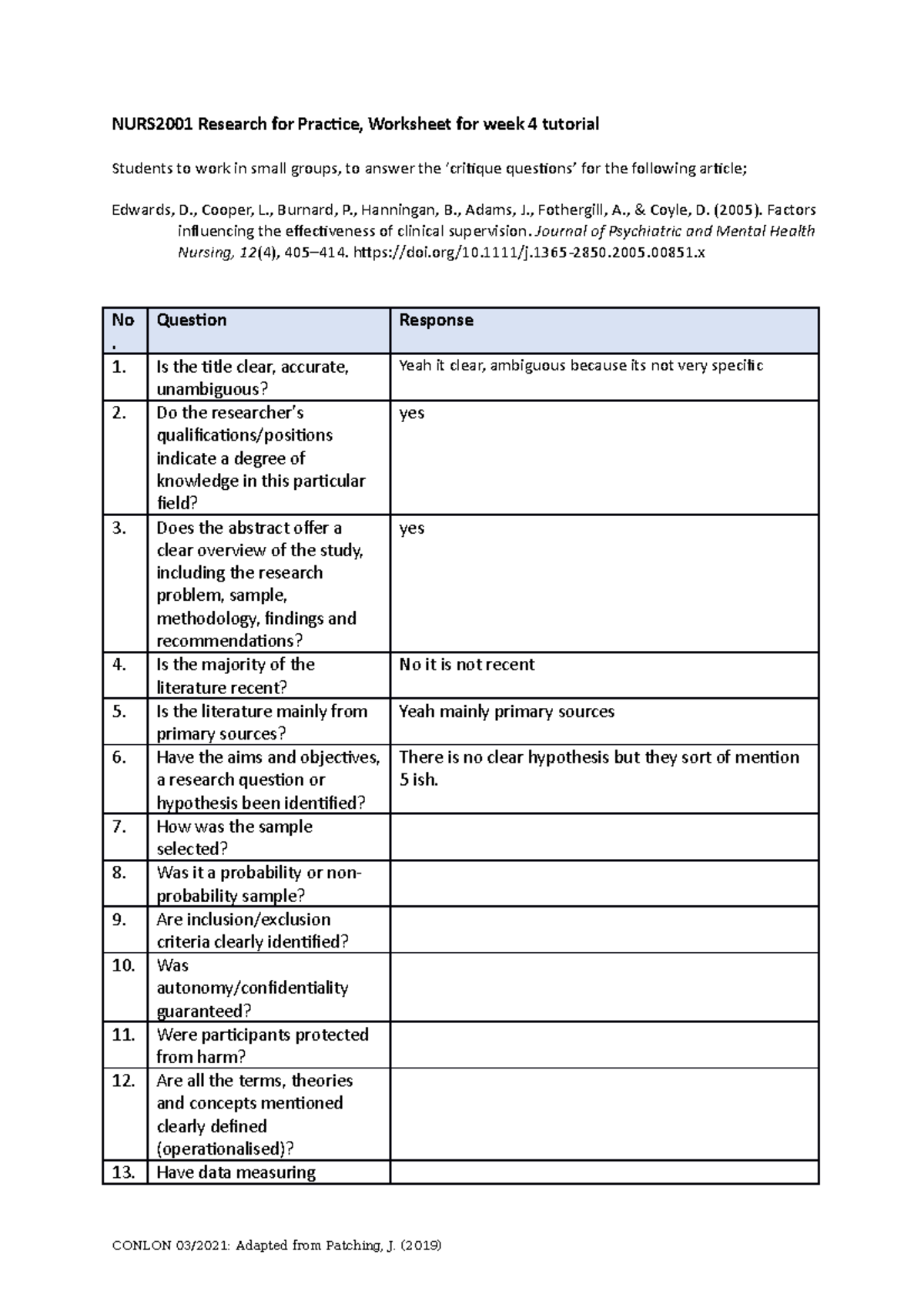 RFP Tutorial 5 - research activity - NURS2001 Research for Practice ...
