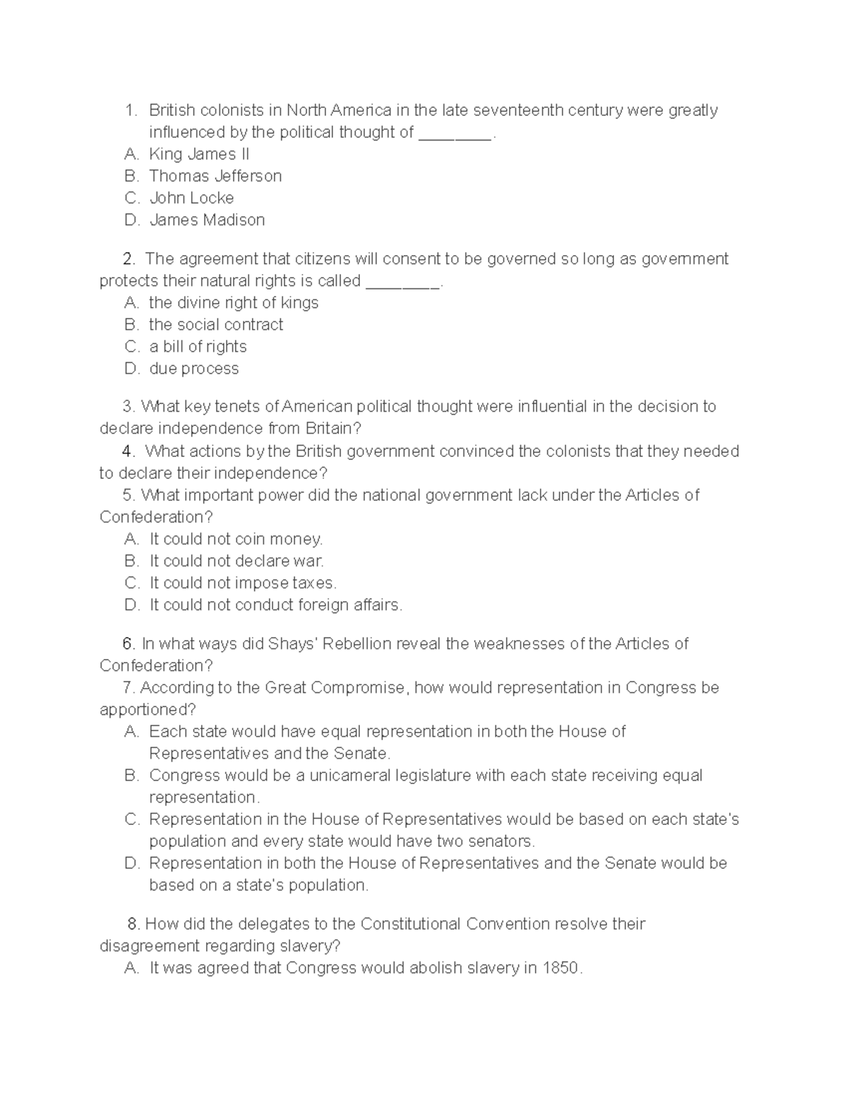 Unit 2 Constitution Study Guide - British colonists in North America in ...