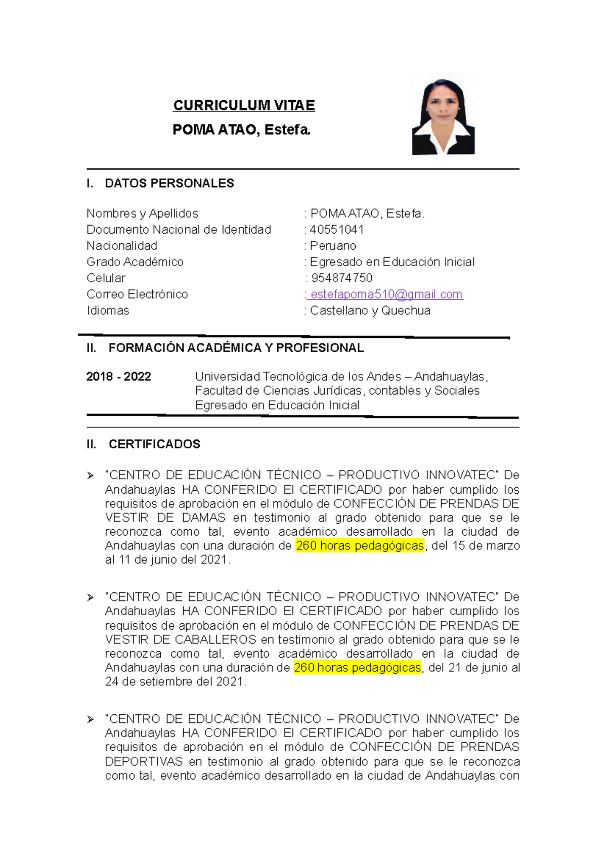 Cv stefa - modelo de practicas - CURRICULUM VITAE POMA ATAO, Estefa ...