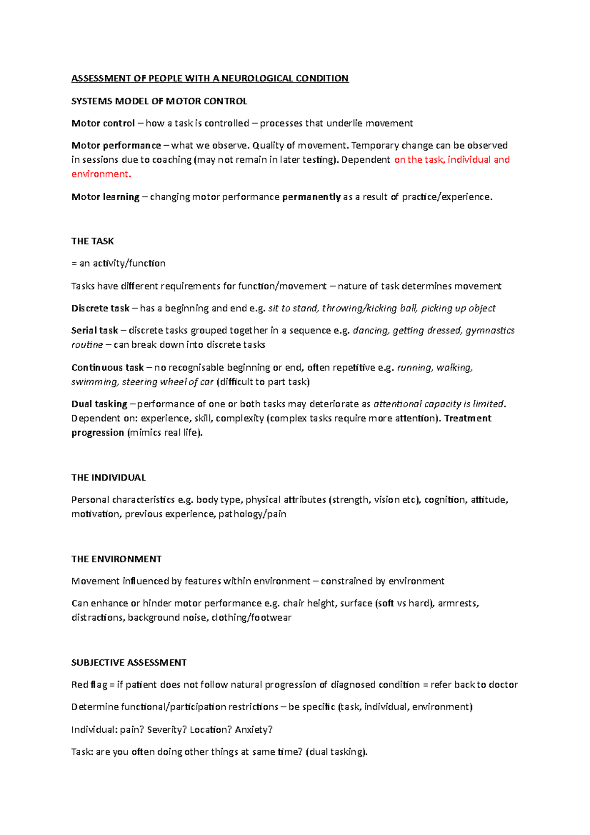 Neuro lectures summary - ASSESSMENT OF PEOPLE WITH A NEUROLOGICAL ...