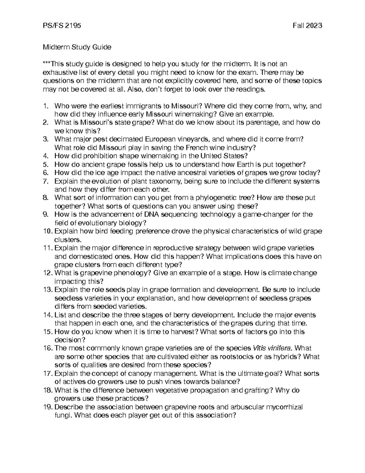 2195 Midterm Study Guide - PS/FS 2195 Fall 2023 Midterm Study Guide ***This study guide is ...