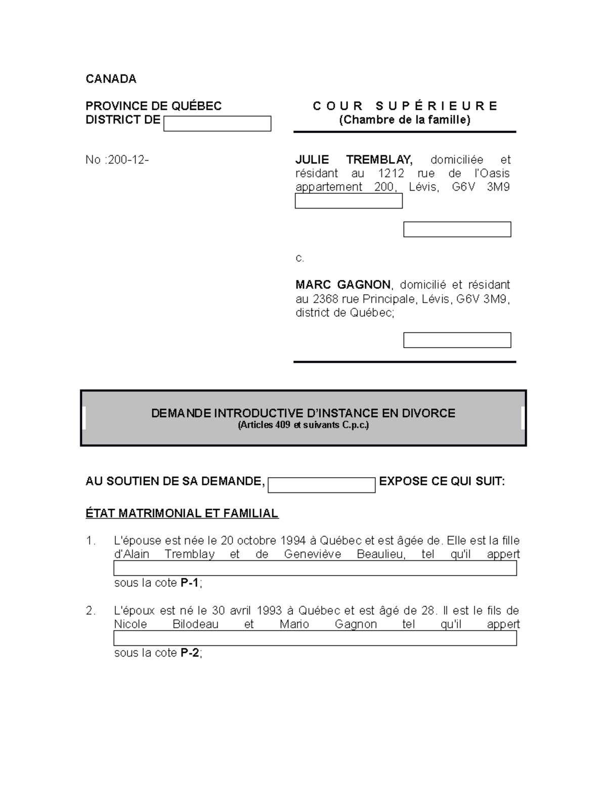 Demande en divorce nouvelle loi - CANADA PROVINCE DE QUÉBEC C O U R S U ...
