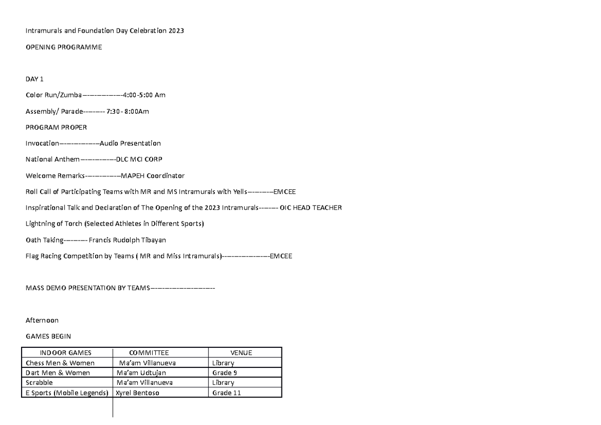 Intramurals and Foundation Day Celebration 2023 - Studocu