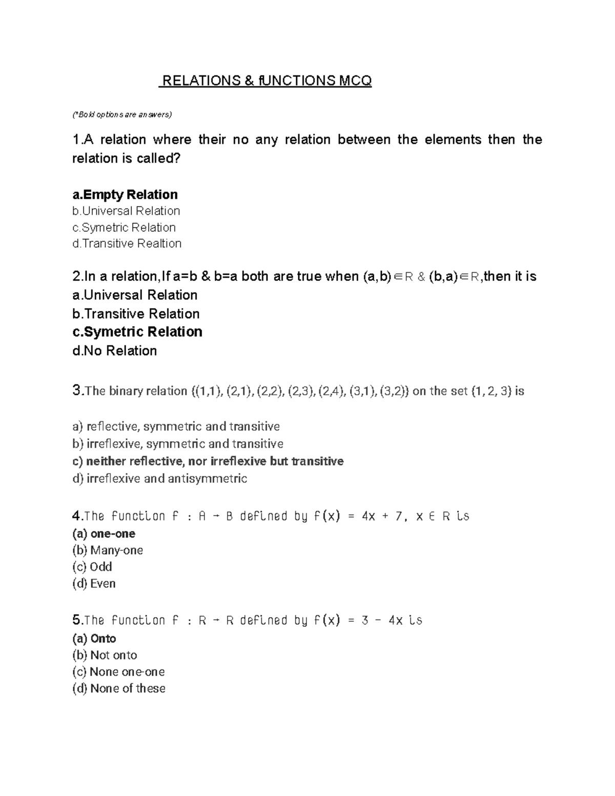 DMS Ch2 Relations&Functions - RELATIONS & fUNCTIONS MCQ (*Bold options ...