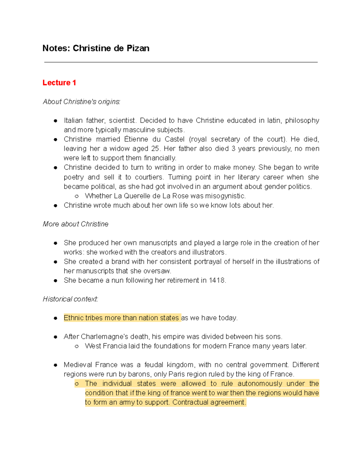 Christine de Pizan notes - Notes: Christine de Pizan Lecture 1 About ...