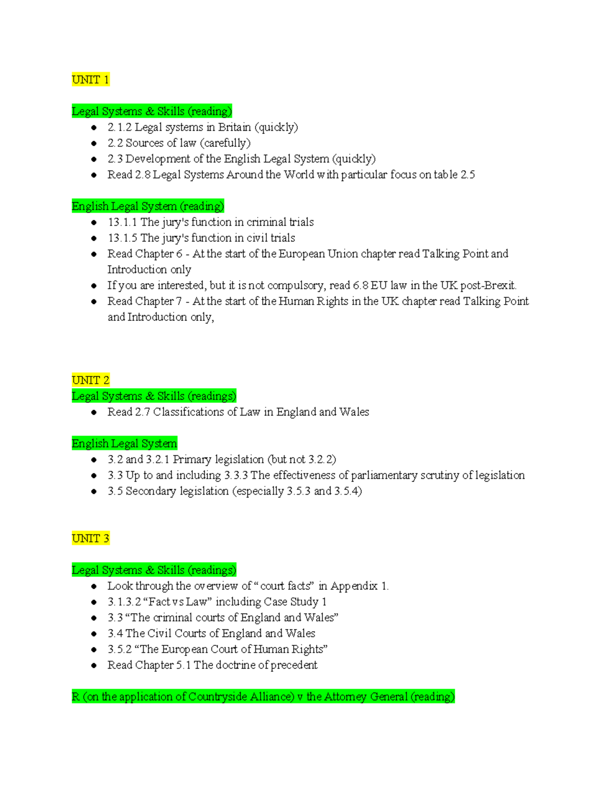 Common Law Readings - UNIT 1 Legal Systems & Skills (reading) 2.1 Legal ...