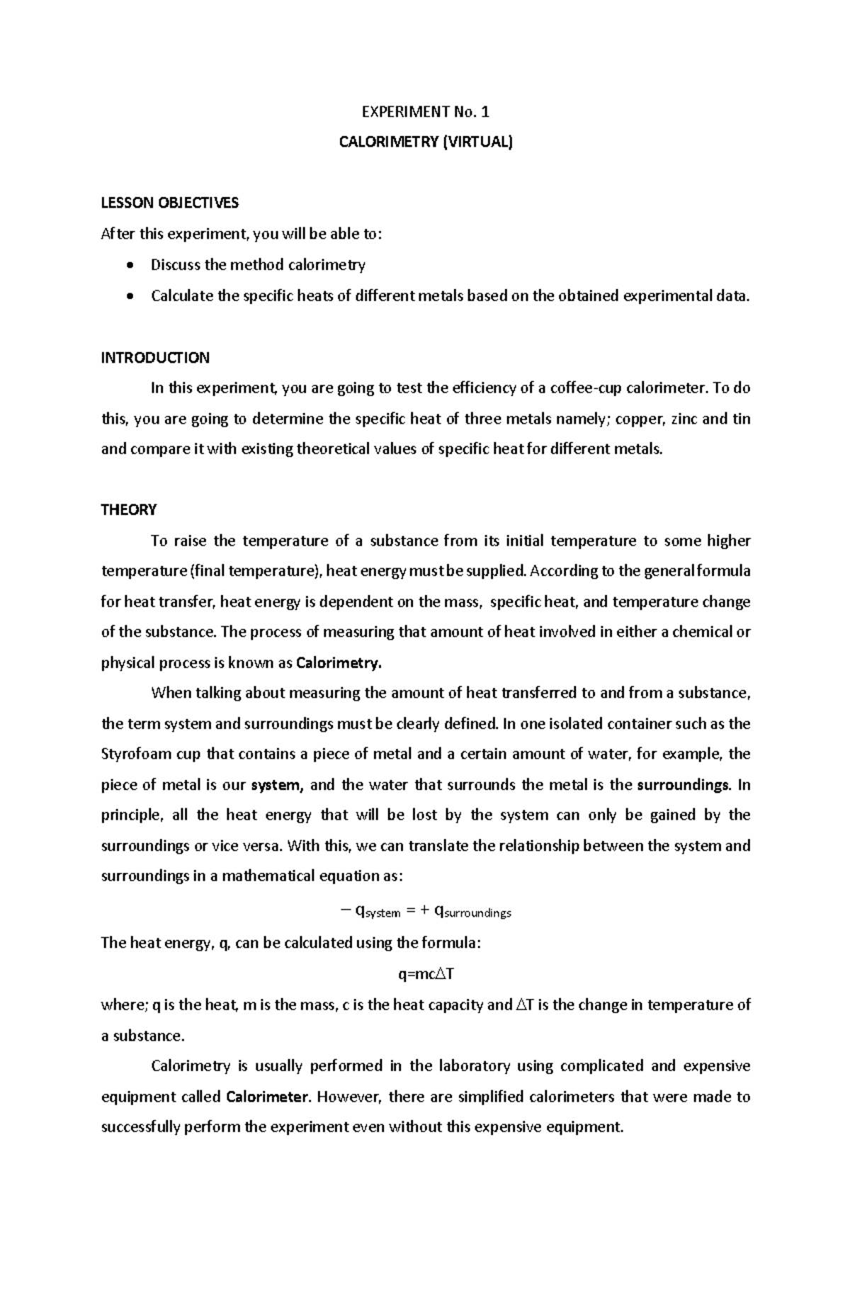Experiment No 1 Calorimetry Experiment No 1 Calorimetry Virtual Lesson Objectives After 