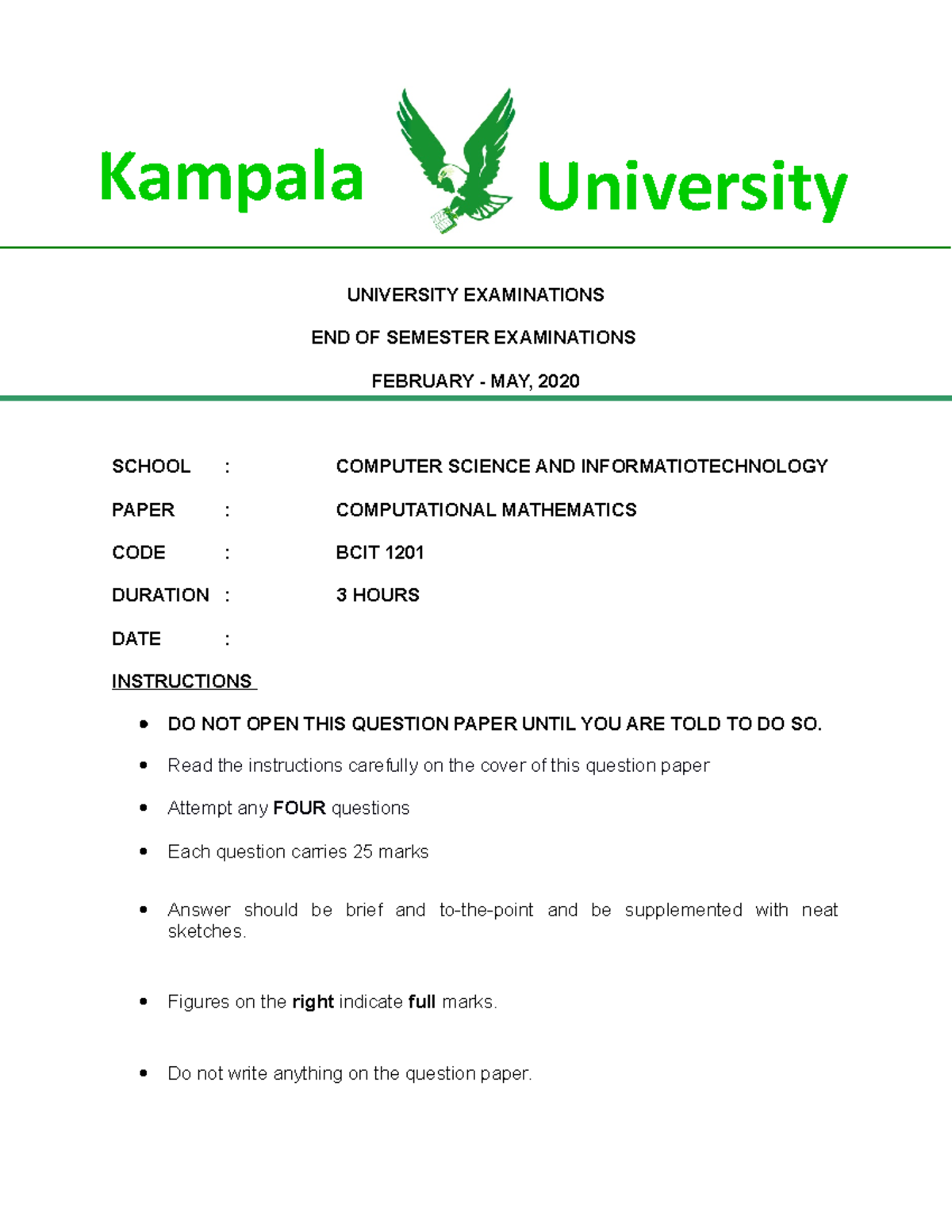COMP MATH - Sample exam for computational math - UNIVERSITY ...