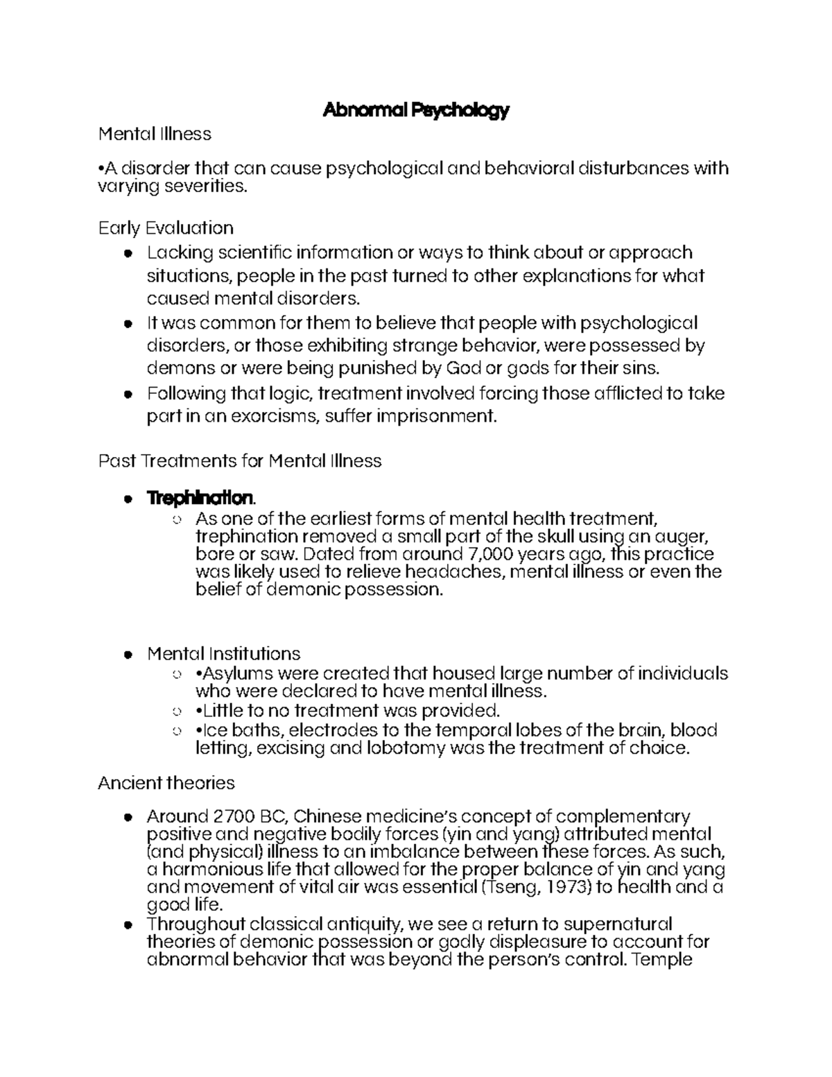 Abnormal psych class notes - Abnormal Psychology Mental Illness •A ...