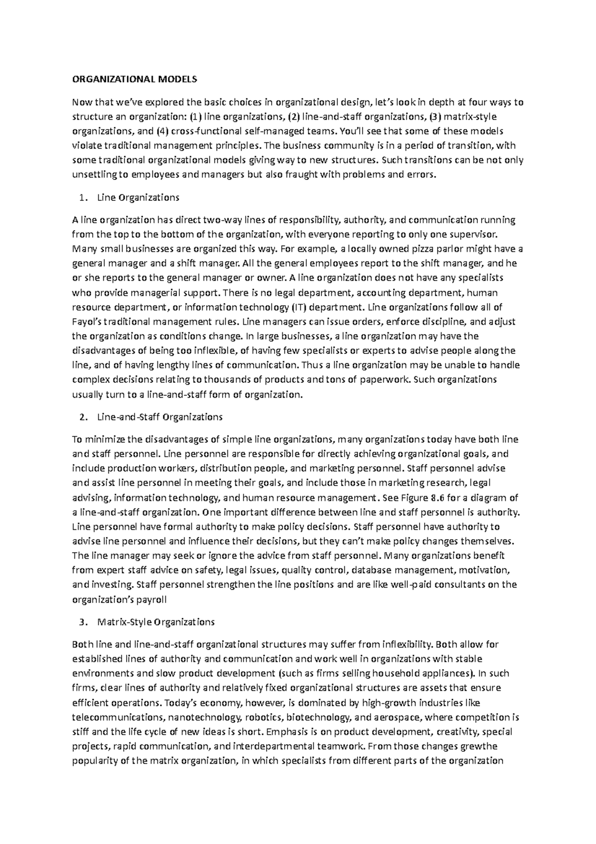 Organizational Models - ORGANIZATIONAL MODELS Now that we’ve explored ...