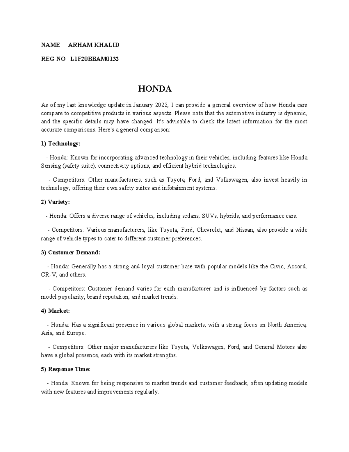 NAME Arham Khalid - notes - NAME ARHAM KHALID REG NO L1F20BBAM HONDA As ...